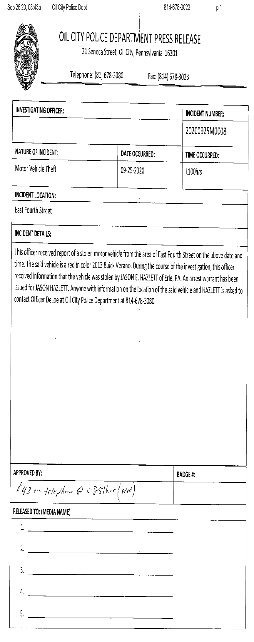 Motor vehicle theft – Venango Extra.com