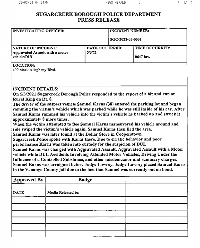 Aggravated assault with motor vehicle – Venango Extra.com