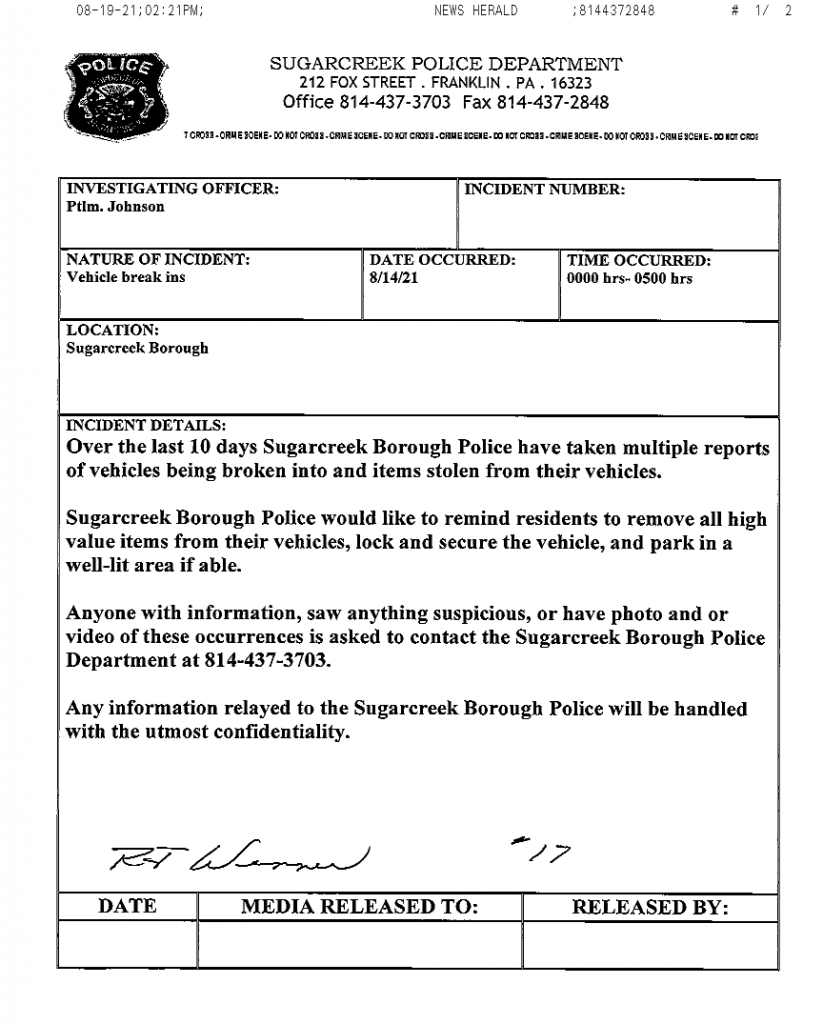 Vehicle break-ins – Venango Extra.com